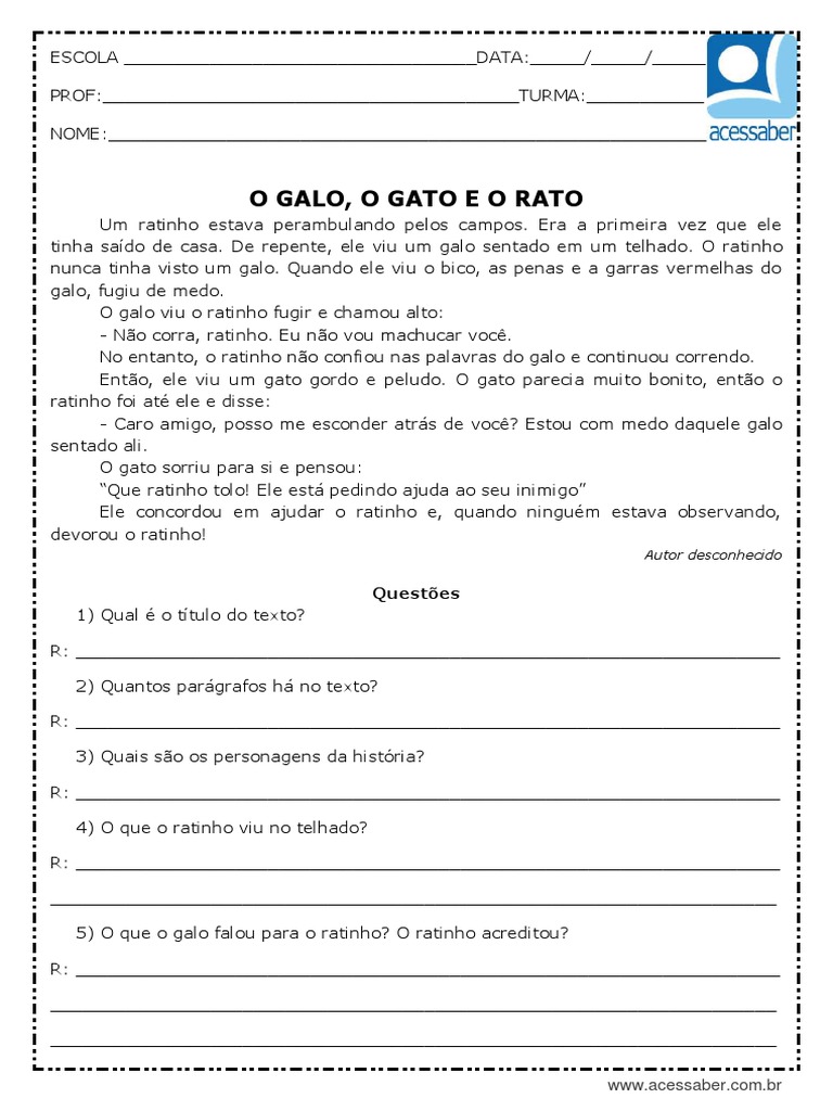 Interpretacao de Texto o Galo o Gato e o Rato 4 Ano e 5 Ano | PDF | Gatos