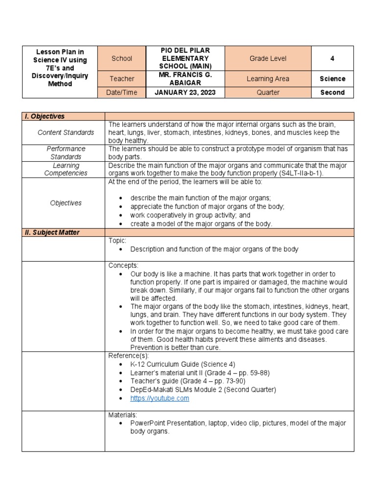 Grade 4 Lesson Plan: Major Body Organs | PDF | Human Body | Heart