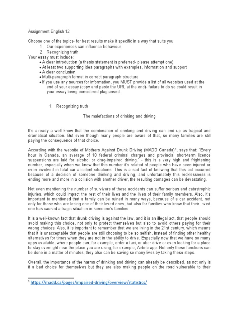 The Dangers of Drinking and Driving | PDF | Driving Under The Influence