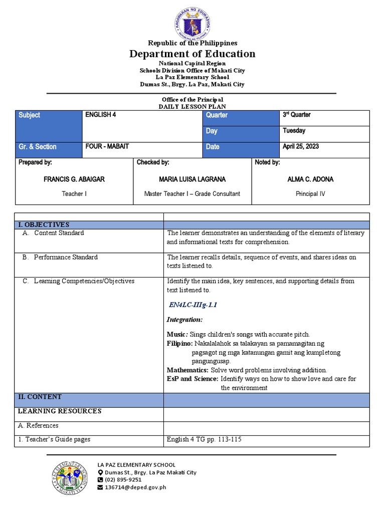 Grade 4 English Lesson Plan | PDF | Cognition