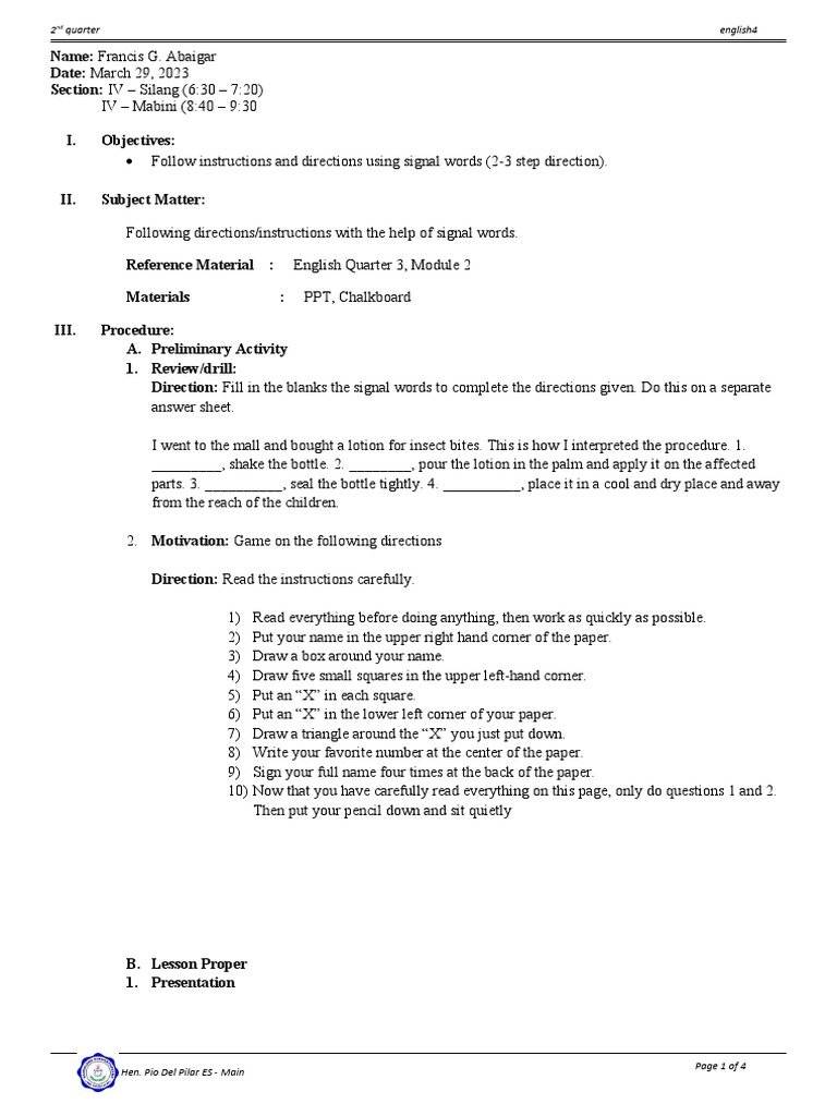 Following Directions with Signal Words | PDF