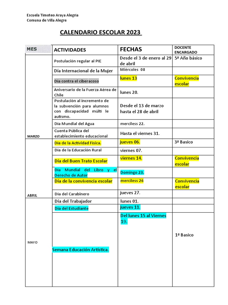Calendario Escolar 2023 - Timoteo Araya | PDF