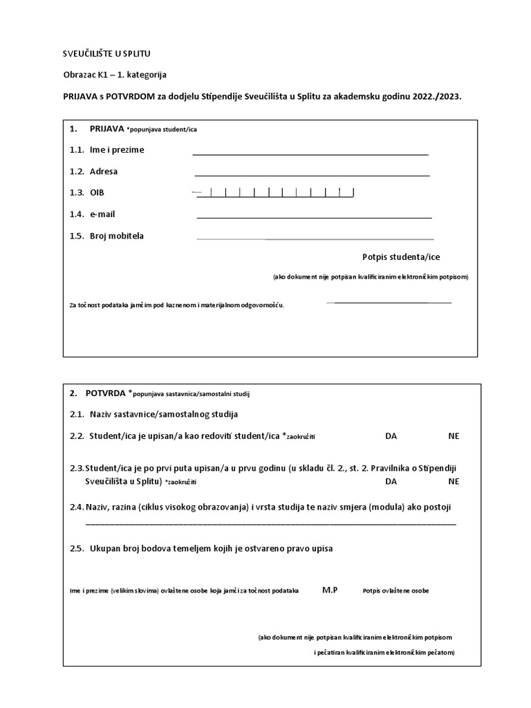 K1 Obrazac Prijava I Potvrda Stipendija 2022 2023 | PDF