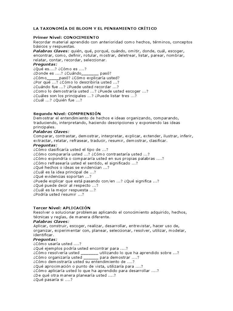 La Taxonomia de Bloom Ejemplo Preguntas | PDF | Aprendizaje | Conocimiento