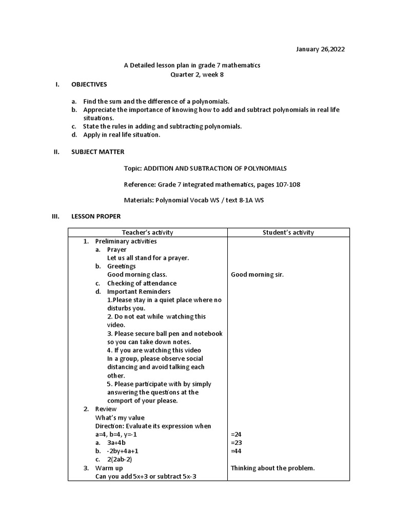 Lesson Plan For Cot | PDF | Polynomial | Algebra