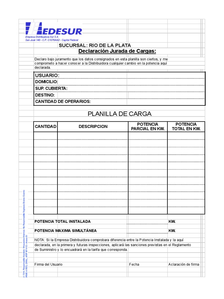 Planilla de Cargas-EDESUR | PDF