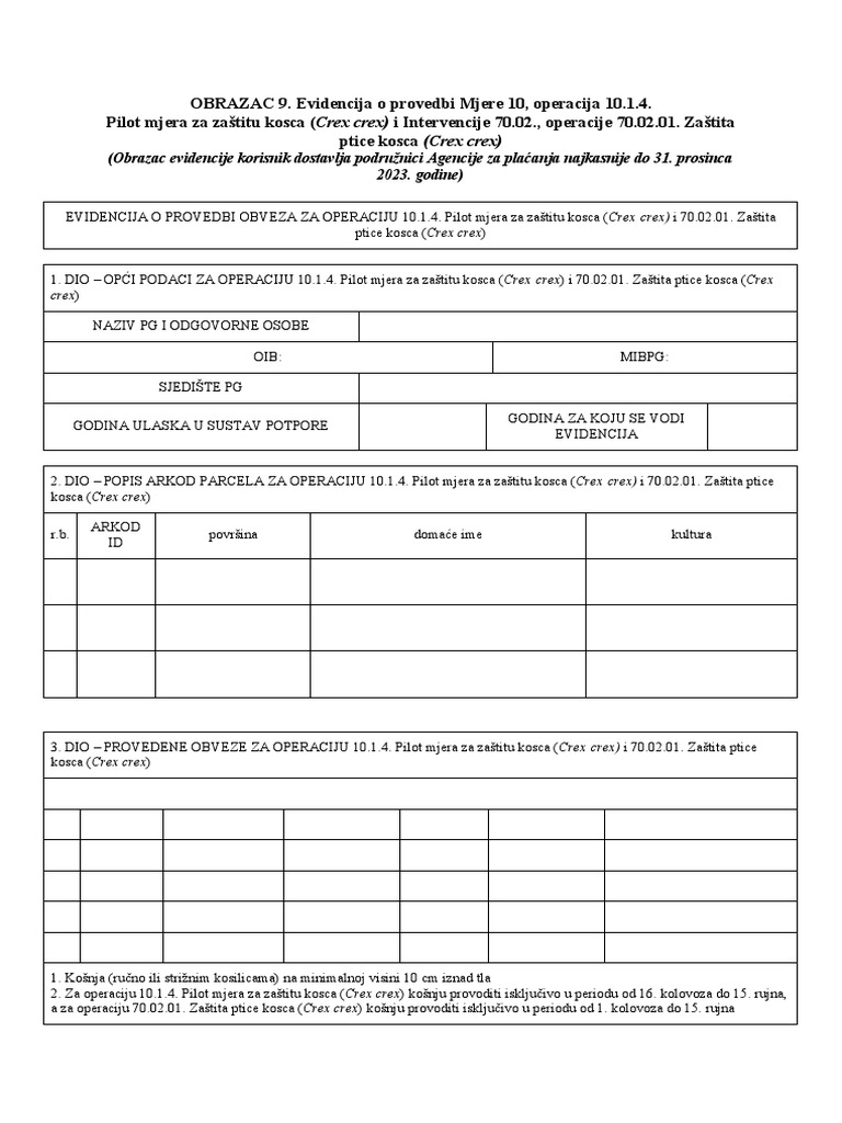 OBRAZAC 9_Evidencija_ZK | PDF