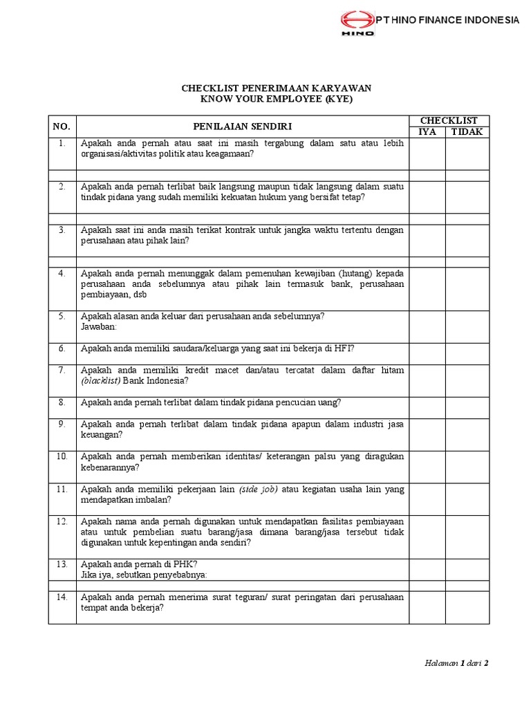 Checklist KYE untuk Penerimaan Karyawan | PDF