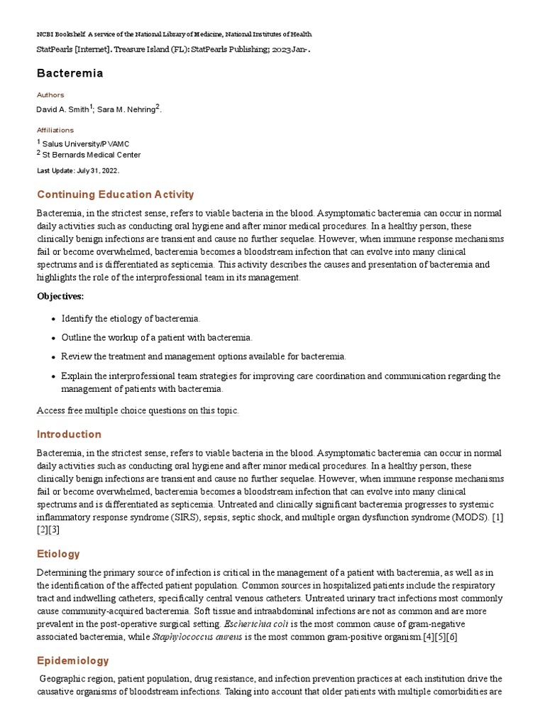 Bacteremia - StatPearls - NCBI Bookshelf English | PDF | Sepsis ...