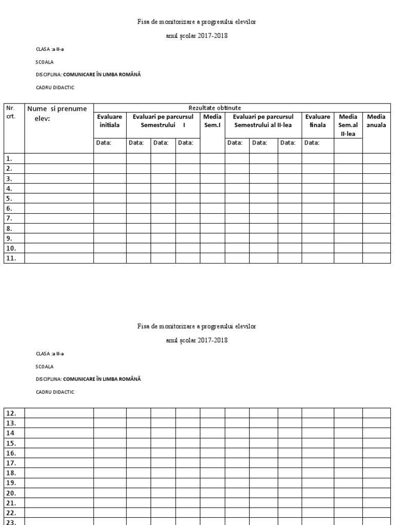 Fisa de Monitorizare A Progresului Elevilor | PDF