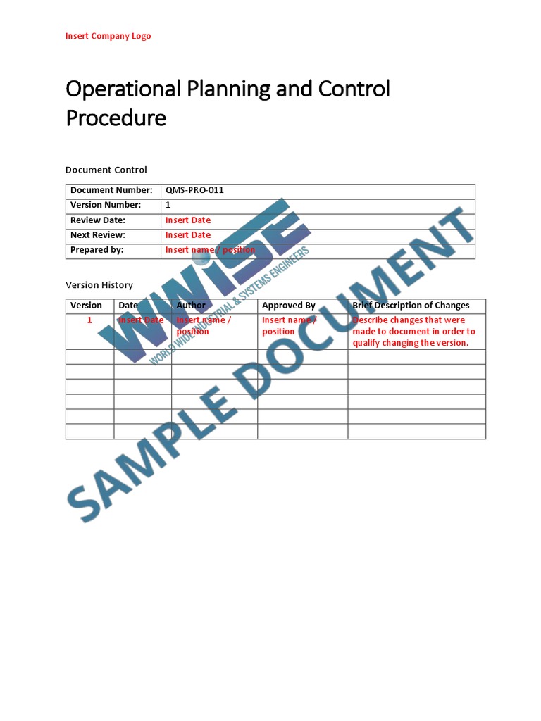 QMS PRO 011 Operational Planning and Control Procedure DD | PDF ...