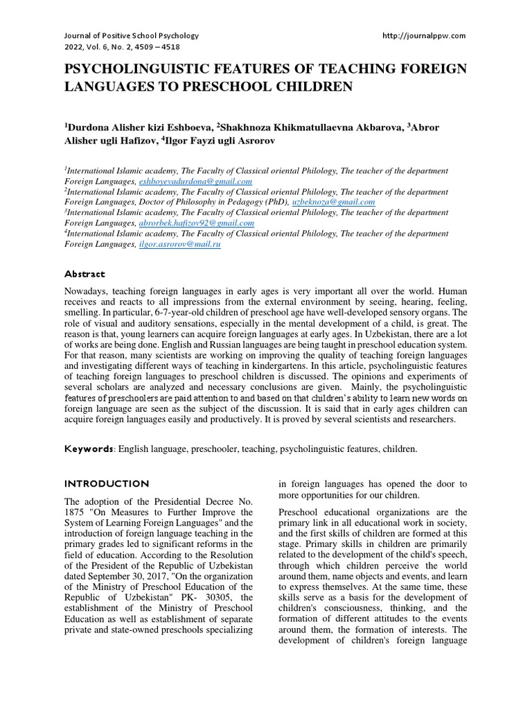 Psycolinguistic Features of Teaching Foreign Languages To Prescool Children | PDF | Speech ...