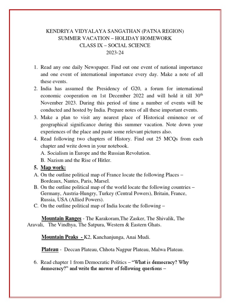 Class Ix SST Holiday Homework | PDF | Political Science | International ...