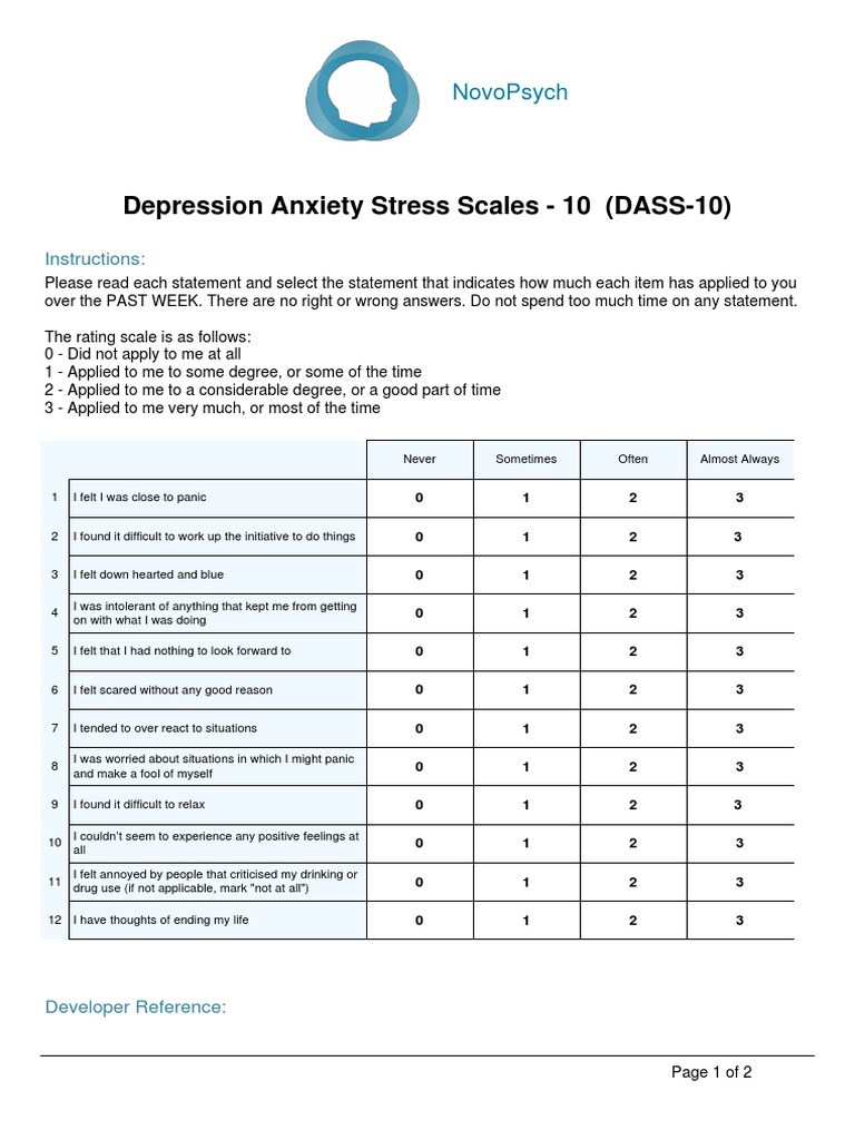 Depression Anxiety Stress Ten Item DASS 10 | PDF | Anxiety | Major ...