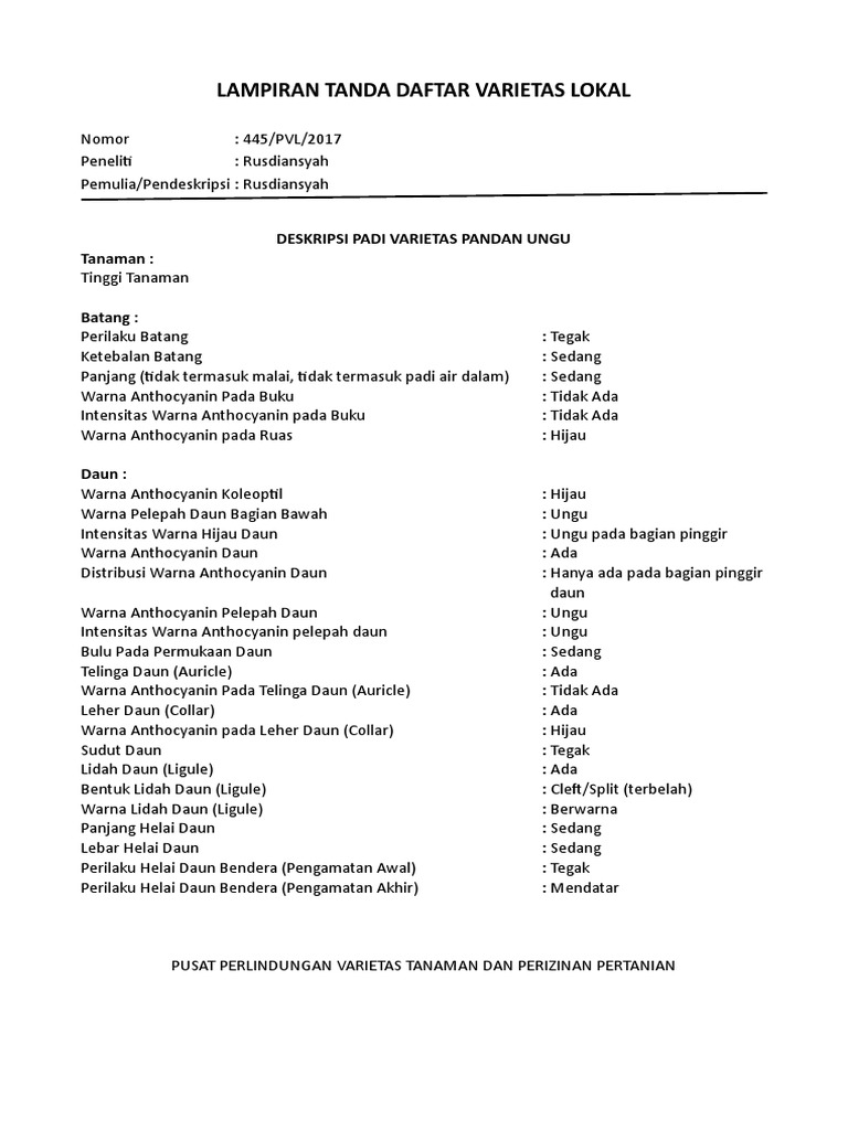 Deskripsi Varietas Padi Pandan Ungu | PDF