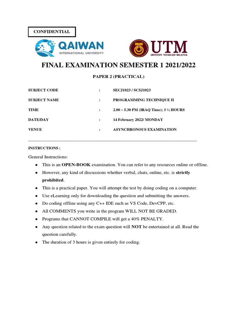 SECJ1023 / SCSJ1023 PROGRAMMING TECHNIQUE II 2021/2022 PAPER 2 (PRACTICAL) | PDF | Computing ...