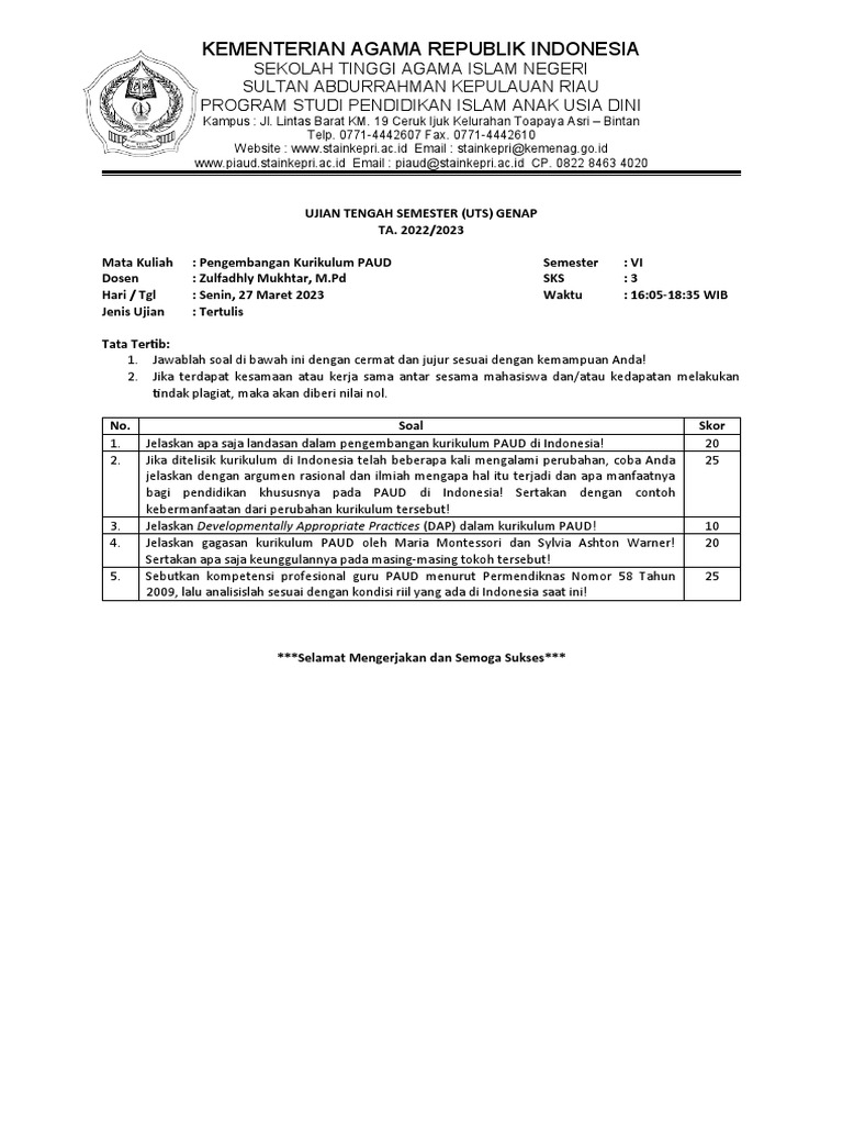 SOAL UTS Pengembangan Kurikulum PAUD | PDF