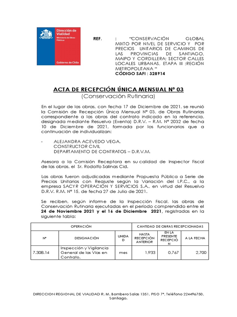 Recepción Mensual de Obras Viales R.M. | PDF | Gobierno