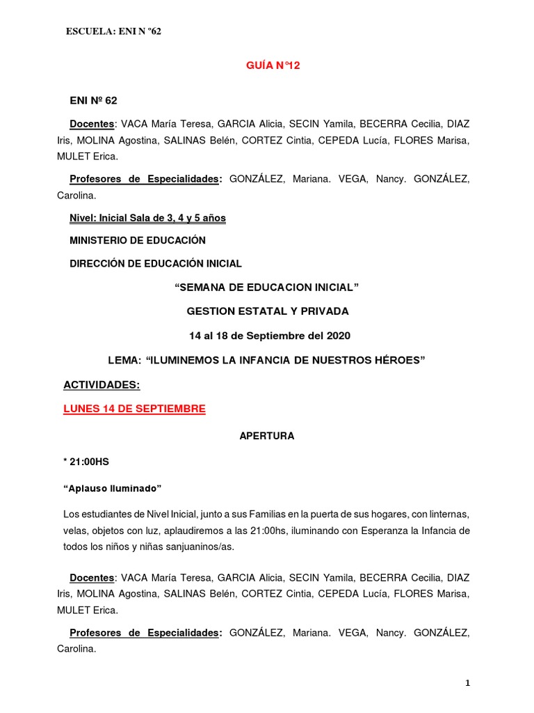 Actividades de Educación Inicial ENI Nº 62 | PDF