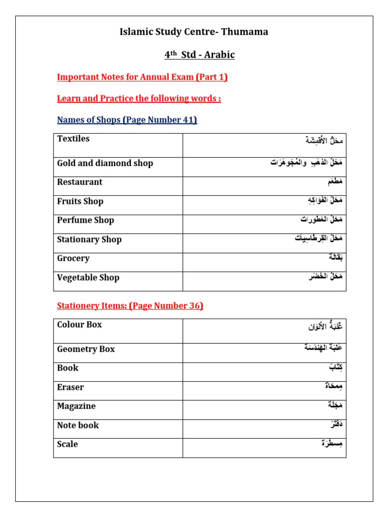 4th STD - Arabic Important Notes | PDF