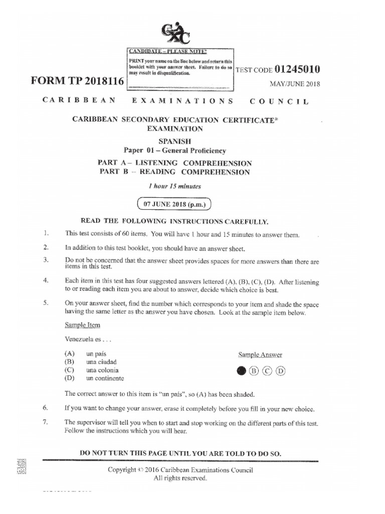 CSEC Spanish June 2018 P1 | PDF