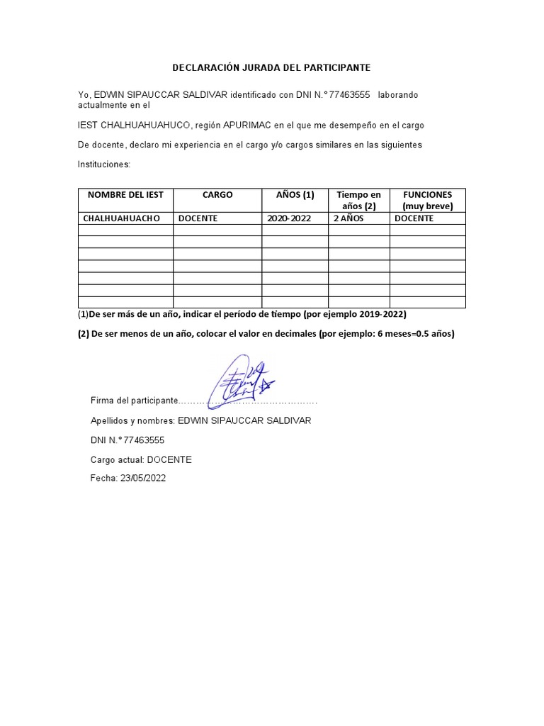 Anexo 4 Declaración Jurada de Experiencia | PDF