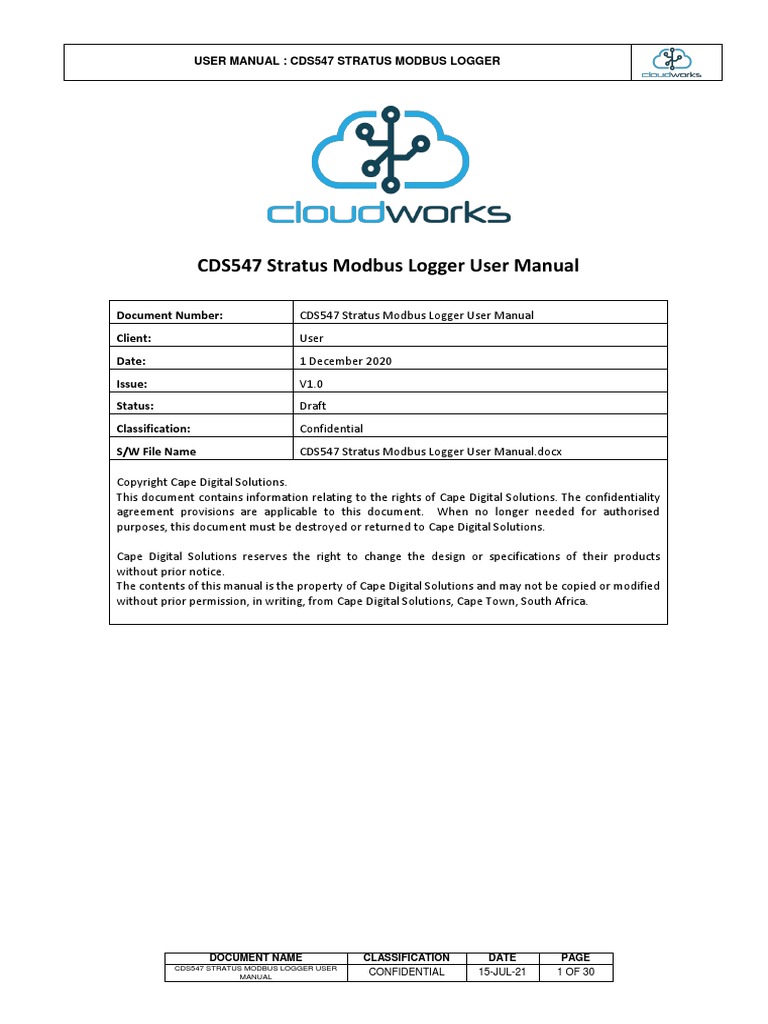 CDS547 Stratus Modbus Logger User Manual | PDF | Ip Address | Bluetooth