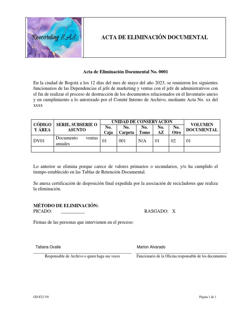 Acta Eliminación de Documentos | PDF