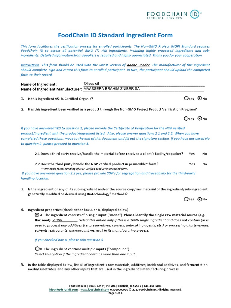 fc20200910 Fcid Standard Ingredient Form (Sif) | PDF | Fermentation ...