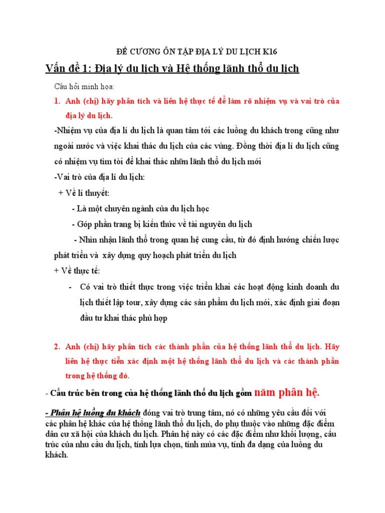 ĐỀ CƯƠNG ÔN TẬP ĐỊA LÝ DU LỊCH K16 1 | PDF