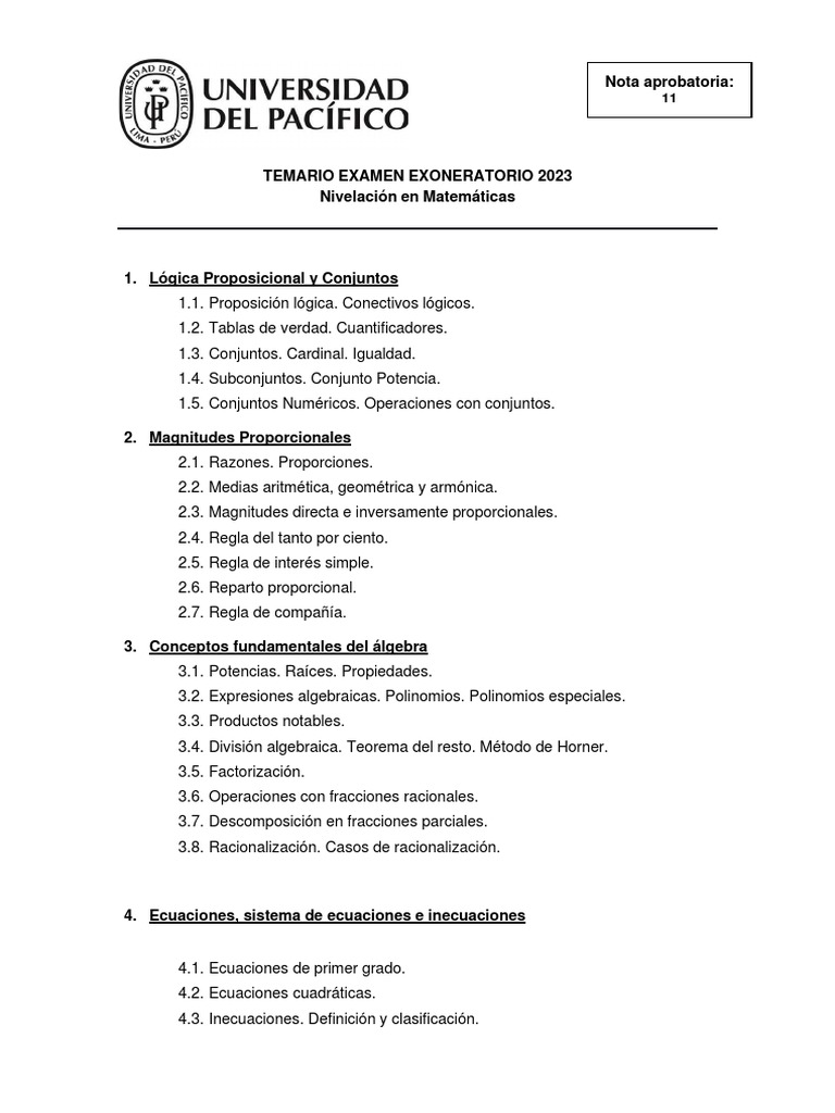 Temario Ex Exo Niv Mate | PDF | Ecuaciones | Logaritmo