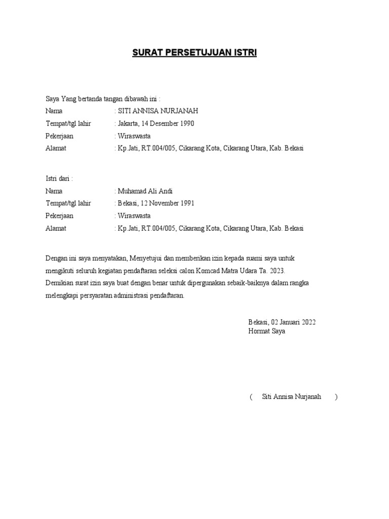 Surat Persetujuan Istri | PDF