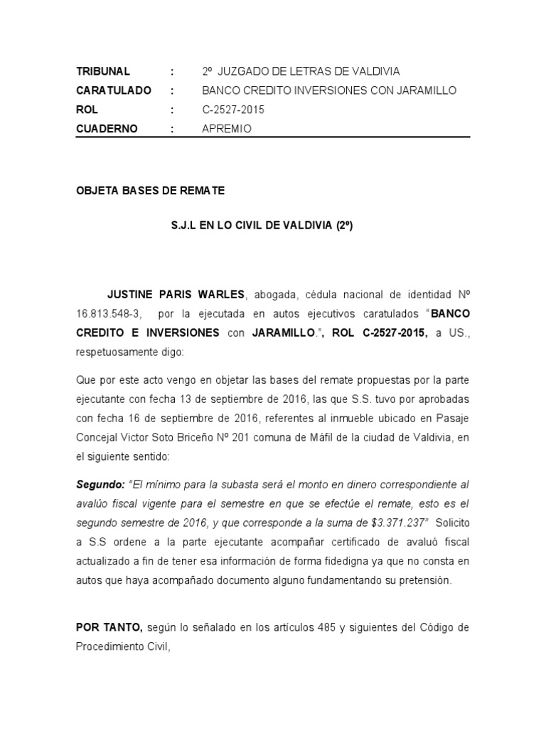 Objeta Bases de Remate Jaramillo | PDF