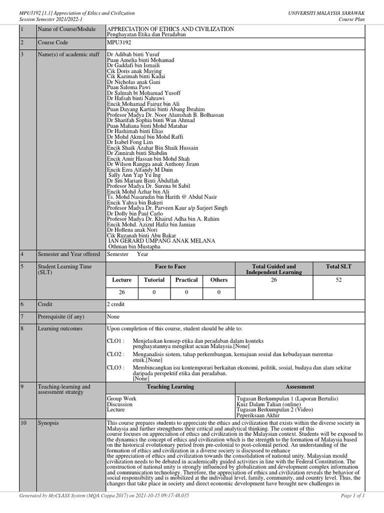 MPU 3192 Penghayatan Etika Peradaban - Sem 1 202122 | PDF