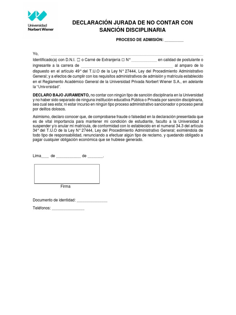 Anexo 2 Declaración Jurada de No Contar Con Sanción Disciplinaria | PDF | Ciencias sociales