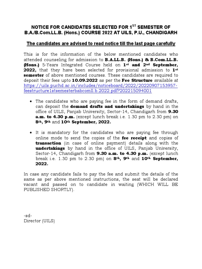 Notice For Candidates Selected For 1 Semester of The Candidates Are ...