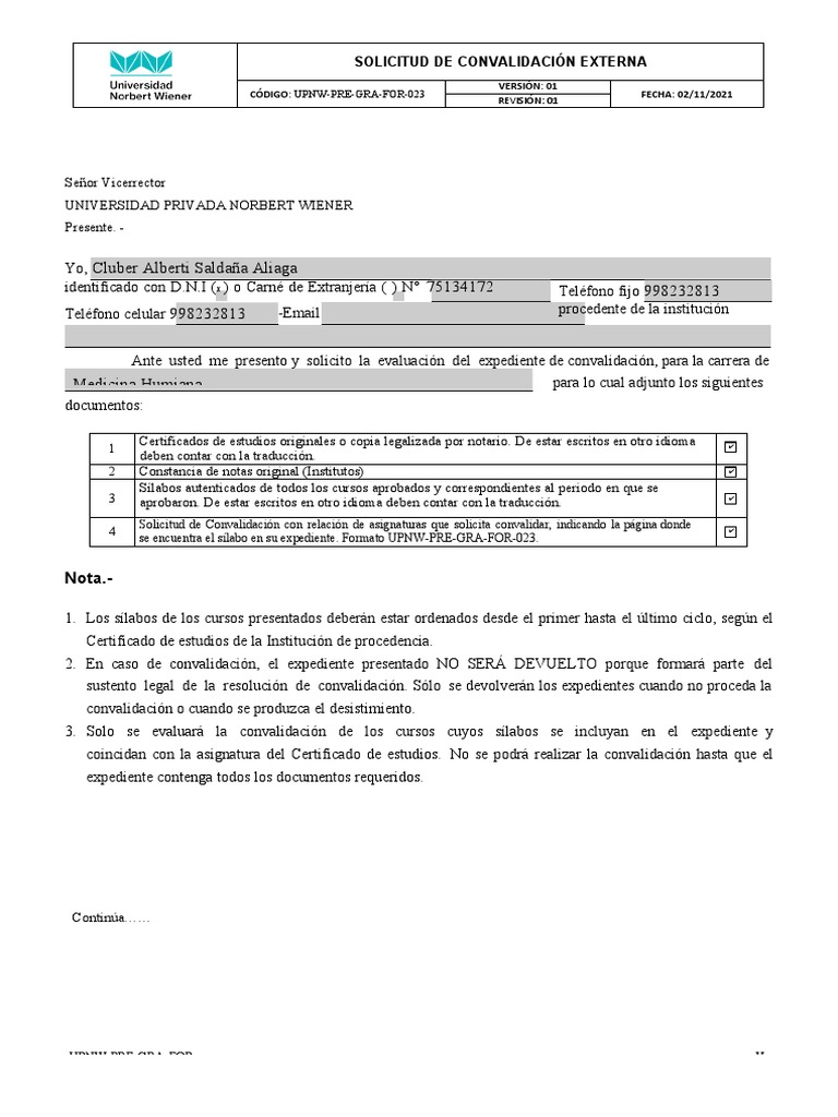 Solicitud Convalidación Externa y Relación de Asignaturas A Convalidar | PDF