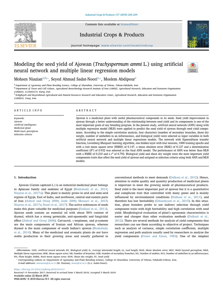 Modeling The Seed Yield of Ajowan (Trachyspermum Ammi L.) Using ... Modeling The Seed Yield of Ajowan (Trachyspermum Ammi L.) Using ...