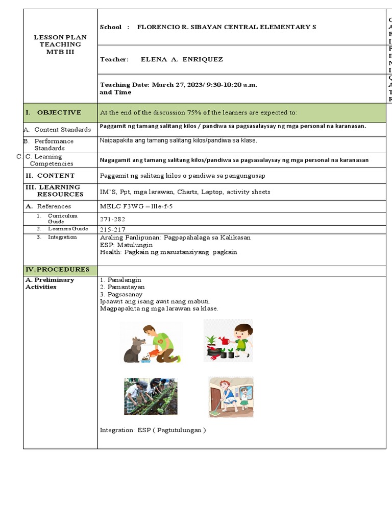 First Cot in Filipino 3 | PDF