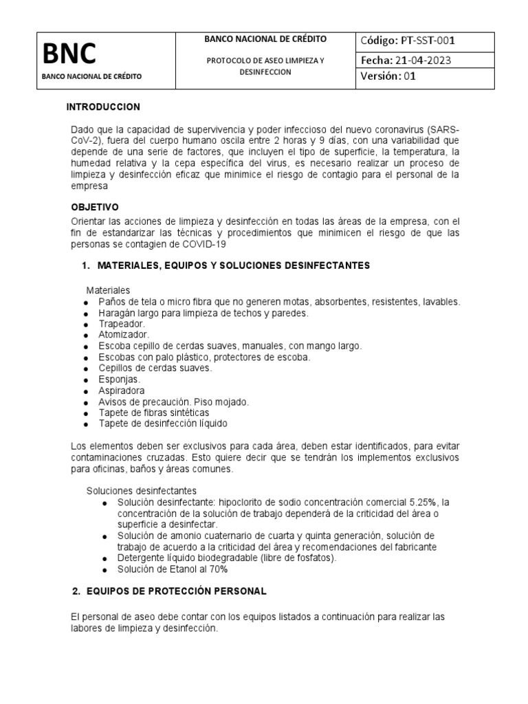 Protocolo Aseo Limpieza y Desinfeccion Banco Nacional de Credito | PDF | Detergente | Agua