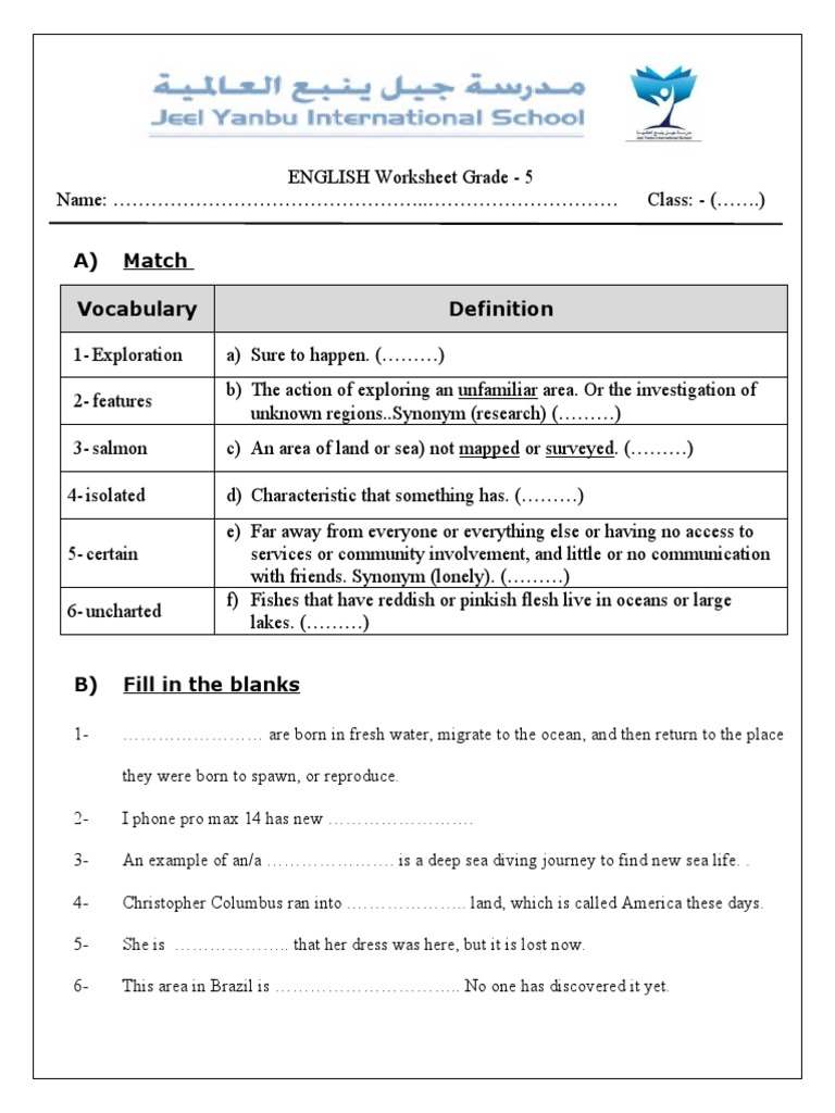 ENGLISH Worksheet Grade 5 | PDF