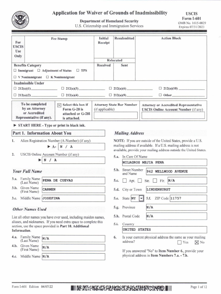 Application For Waiver of Grounds of Inadmissibility | PDF