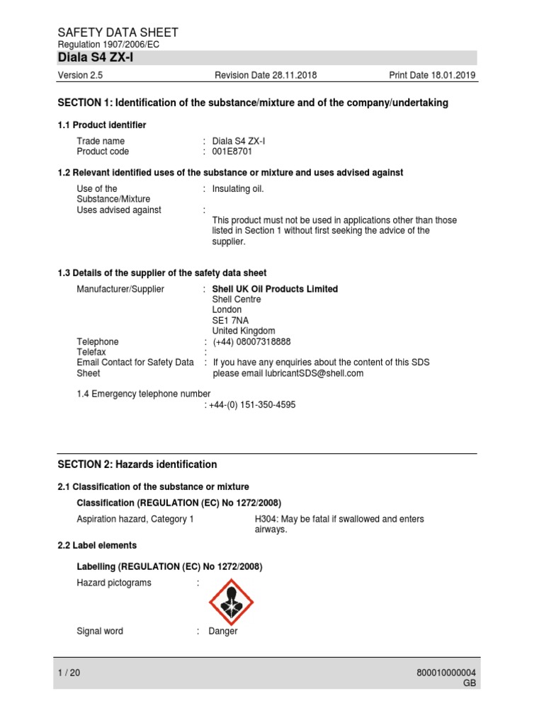 MSDS Diala S4 ZX-1 | PDF | Dangerous Goods | Personal Protective Equipment