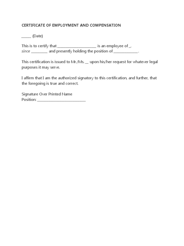 Certificate of Employment and Compensation Sample Philippines | PDF ...