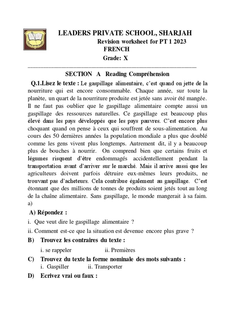 Grade 10 French Worksheet For PT 1 Avec Les Reponses | PDF ...