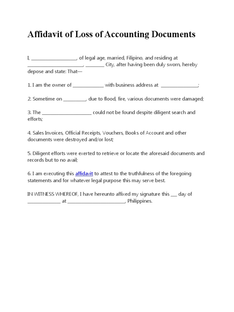 Affidavit of Loss For Accounting Documents Template Philippines | PDF