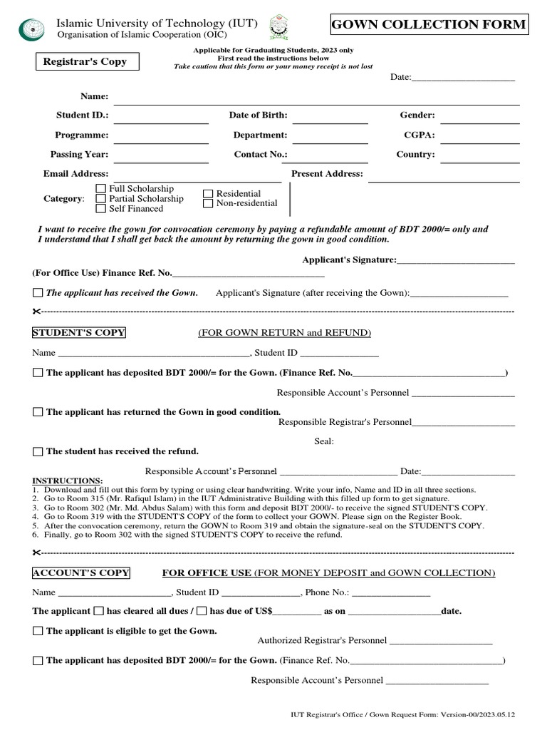 GOWN REQUEST FORM - Convocation 2023 - Editable Fields | PDF