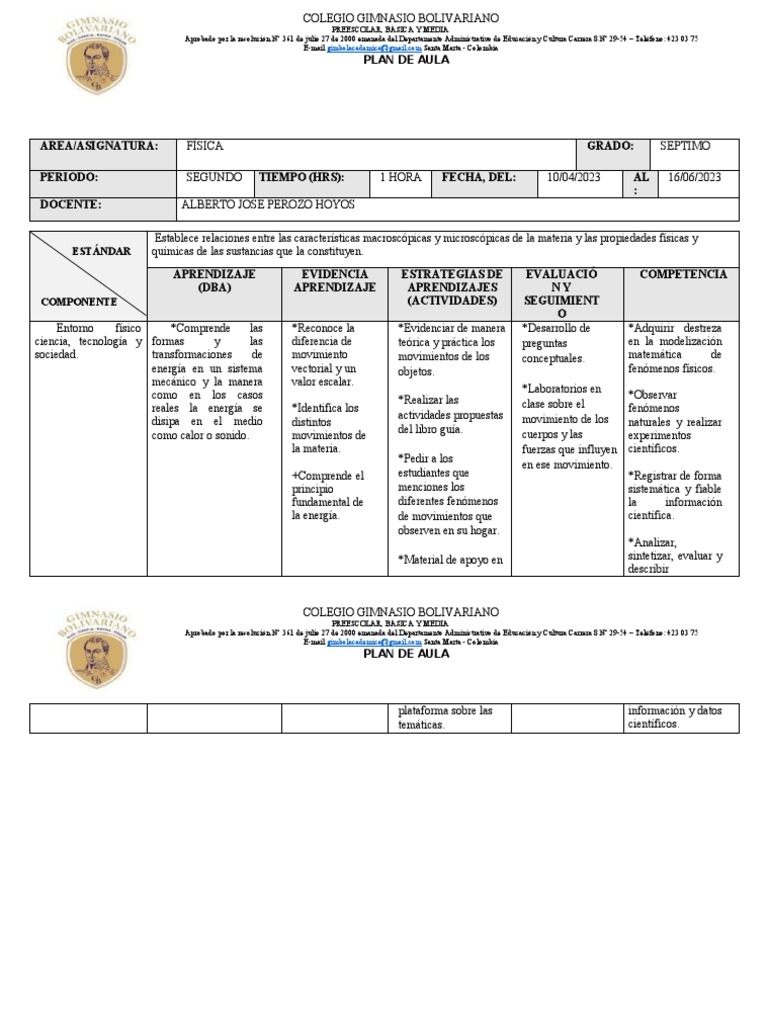 PLAN DE AULA Física - 2do Periodo - 2023 GRADO SEPTIMO - A - Alberto Jose Perozo Hoyos ...