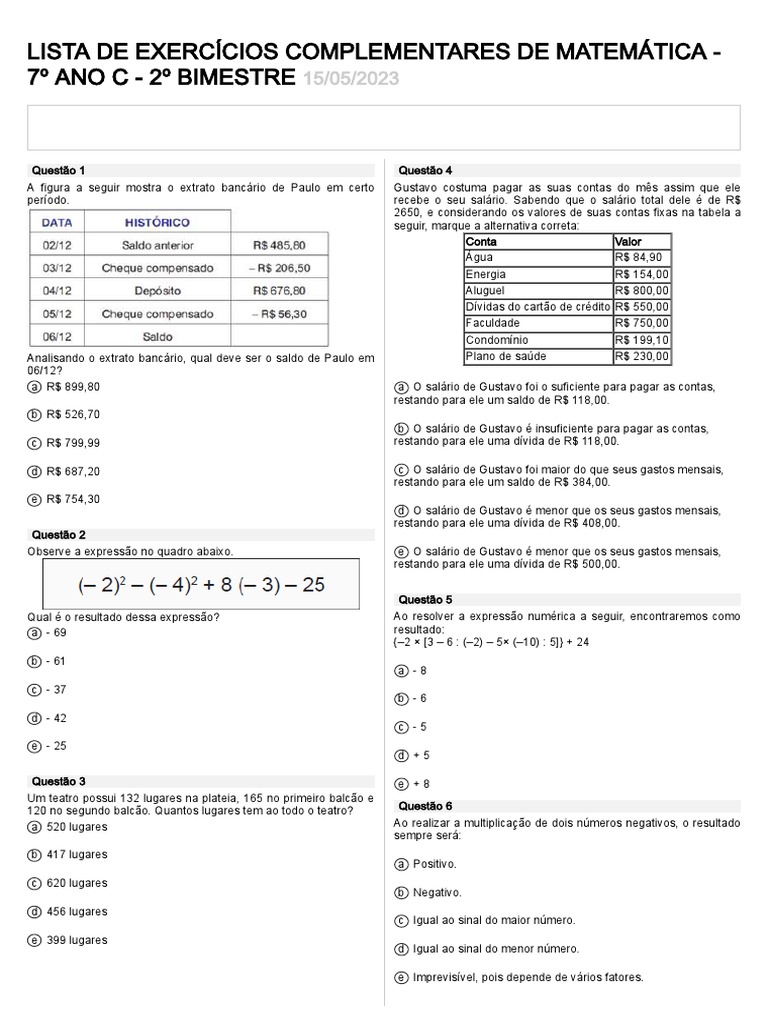 Matemática 7 Ano - Números Inteiros - Lista Complementar Do 2º Bimestre | PDF | Números | Celsius