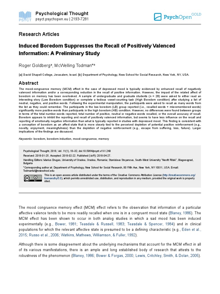 Induced Boredom Suppresses The Recall of Positively Valenced ...
